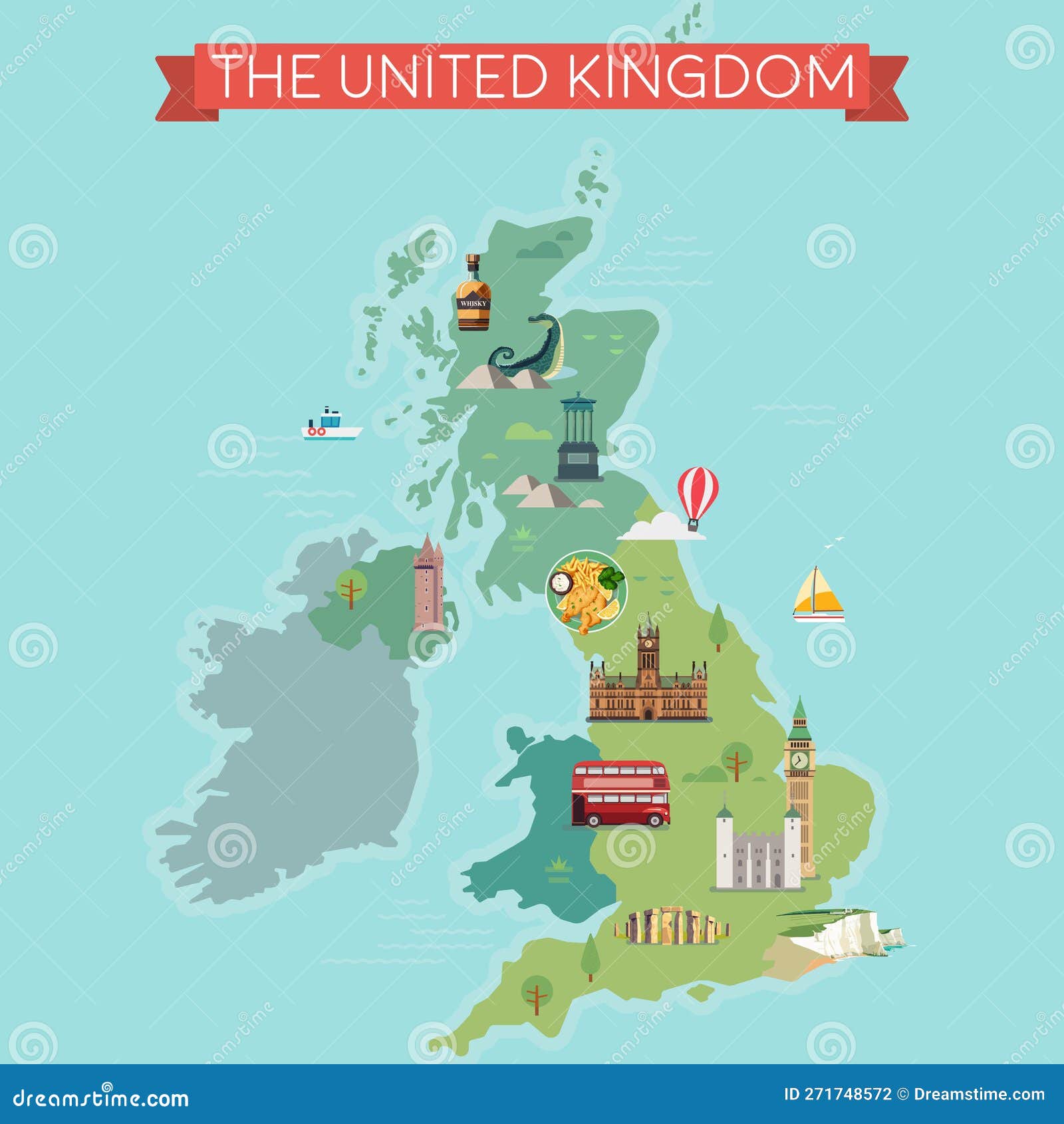 Map of United Kingdom with Famous Landmarks Stock Vector - Illustration ...