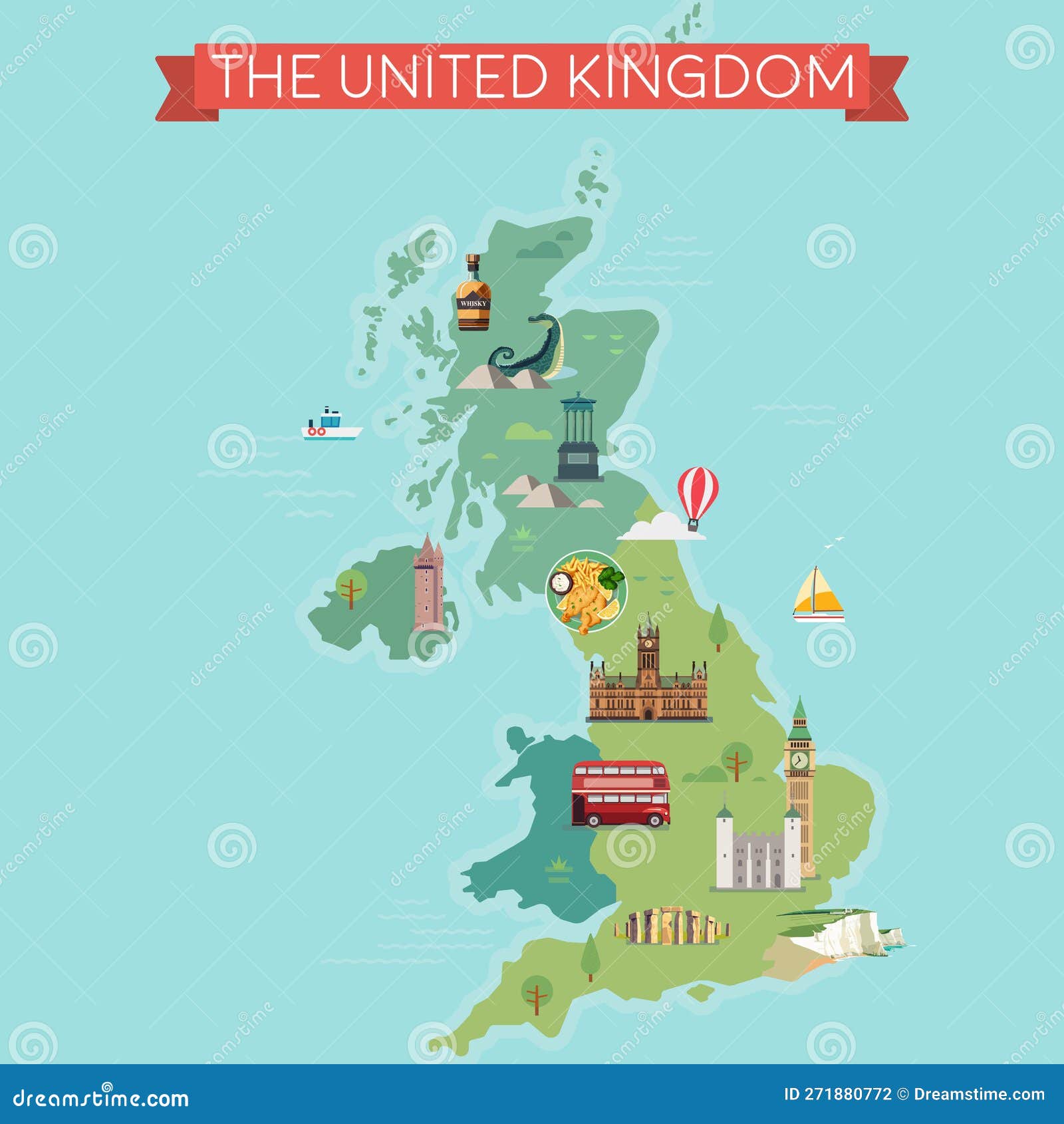 Map of United Kingdom with Famous Landmarks Stock Vector - Illustration ...
