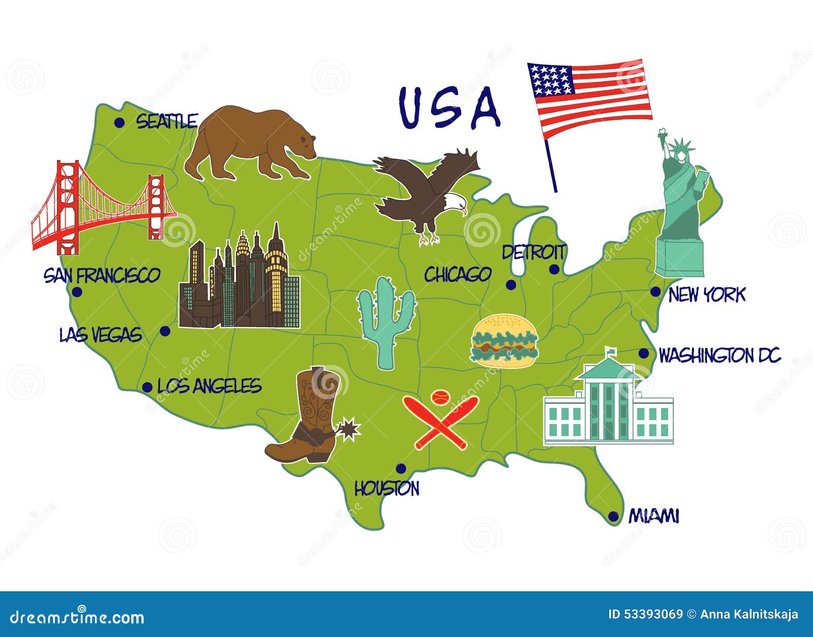 Map of USA with Typical Features Stock Vector - Illustration of ...