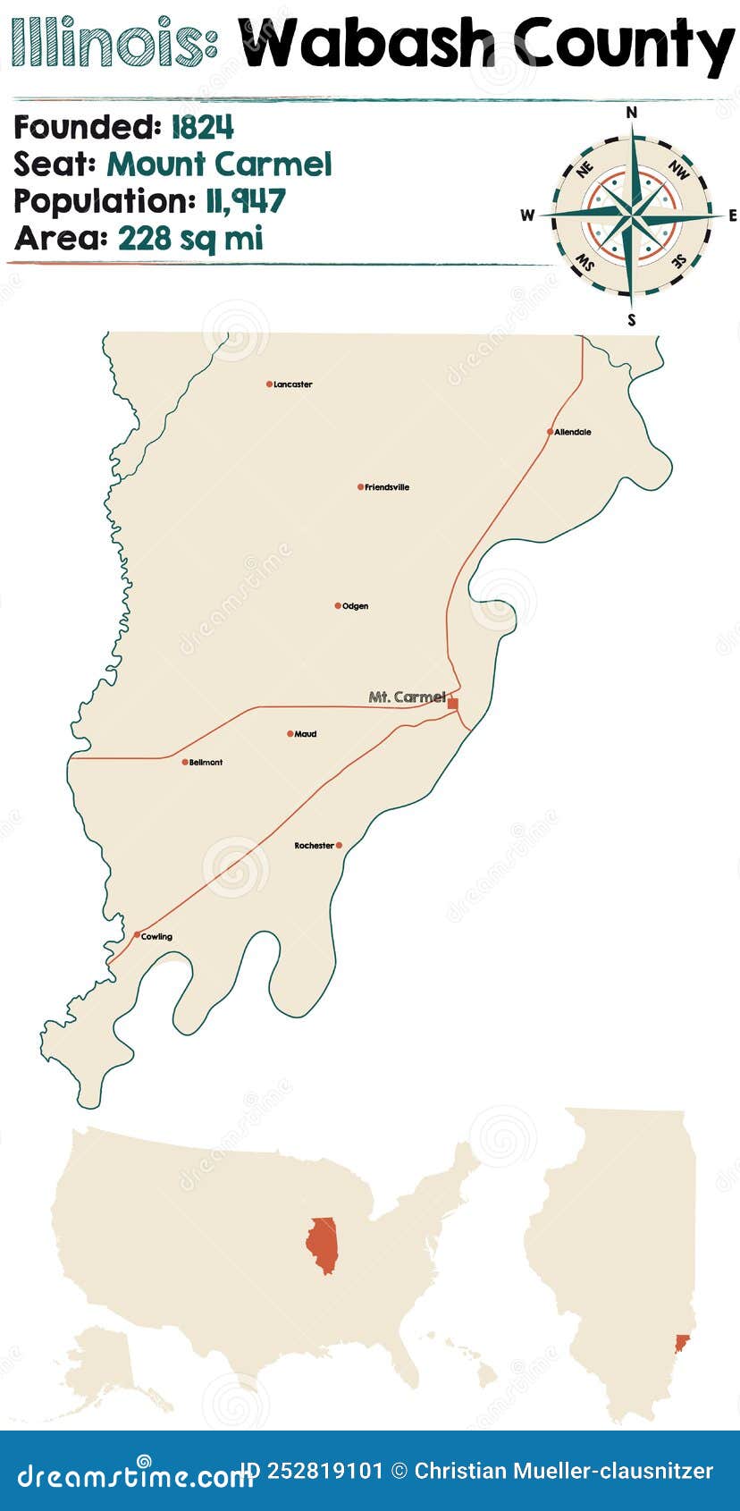 Map of Wabash County in Illinois Stock Vector - Illustration of cities ...