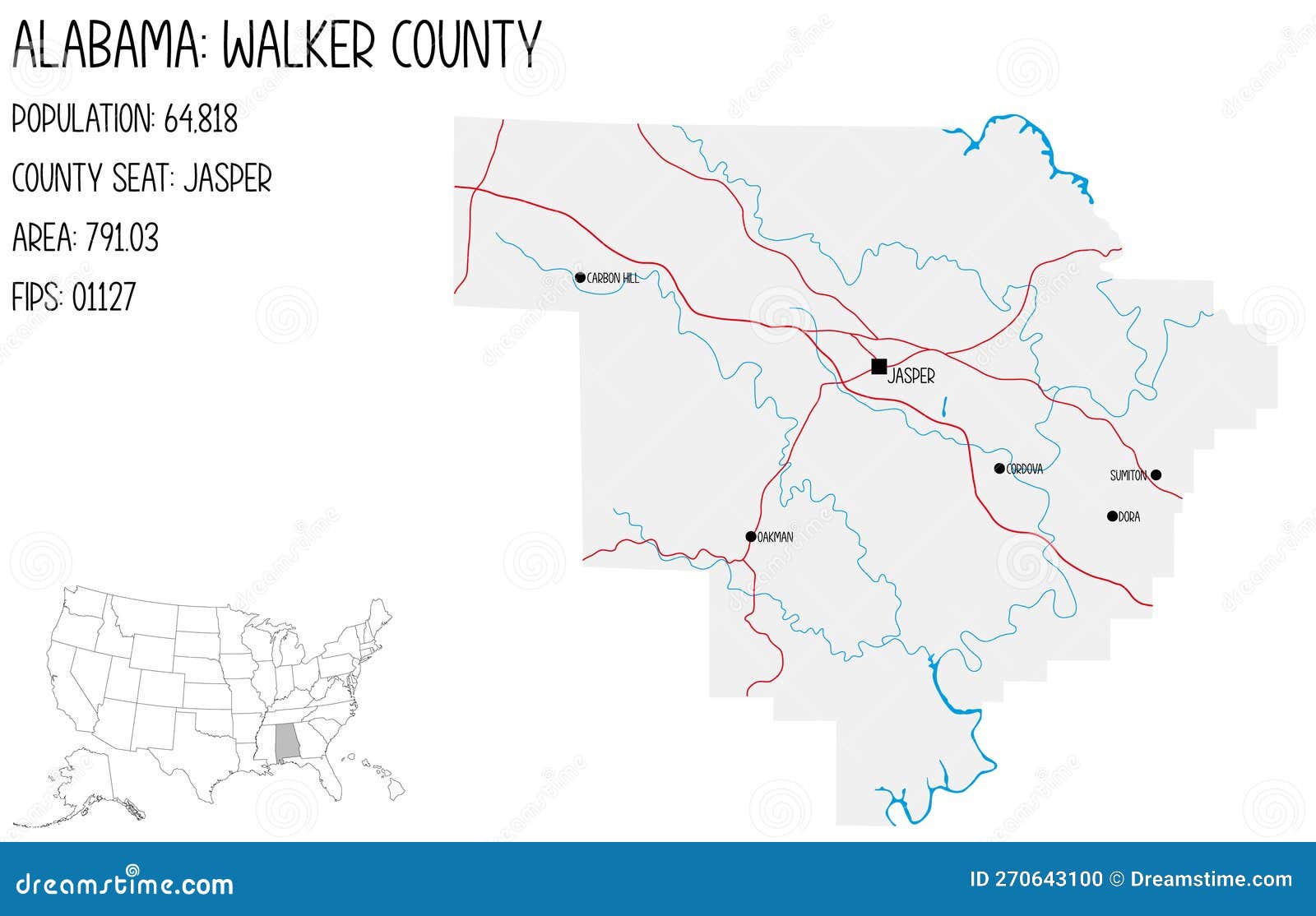 Map of Walker County in Alabama, USA. Stock Vector - Illustration of walker, cities: 270643100