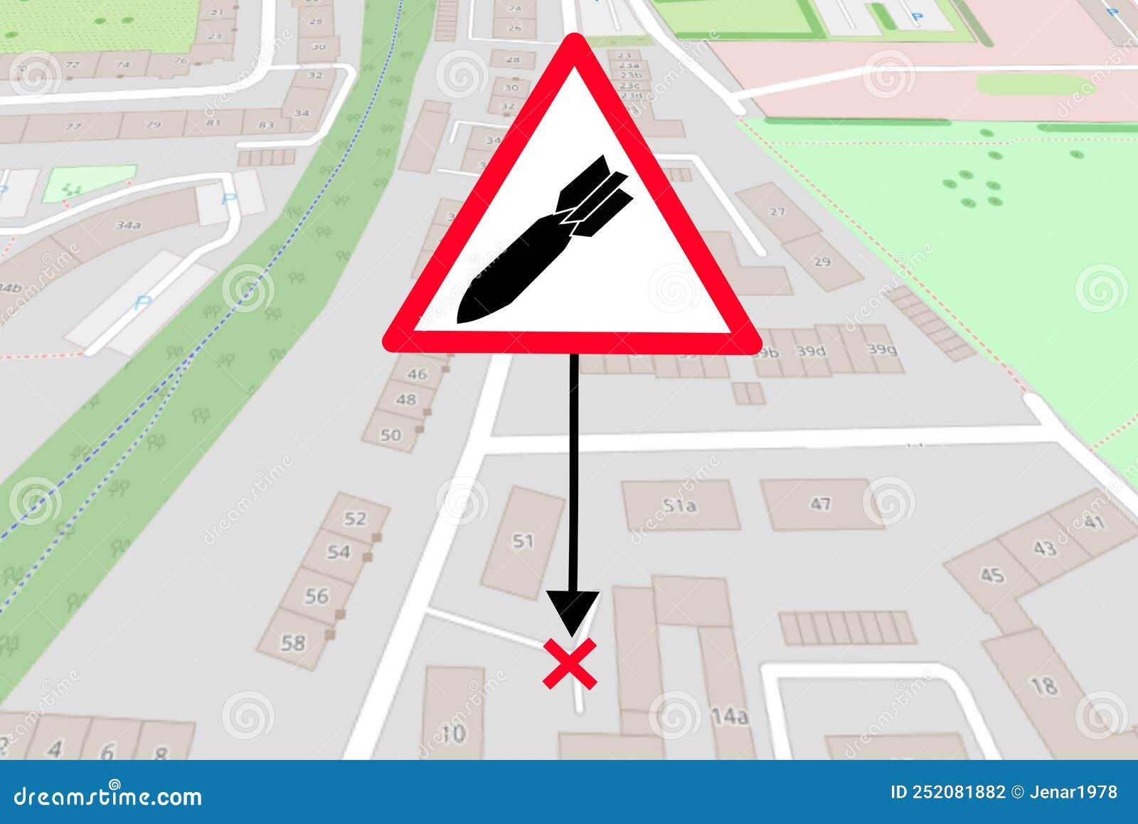 Map with Warning Sign Dud Unexploded Air Bomb or Explosive Danger Stock ...