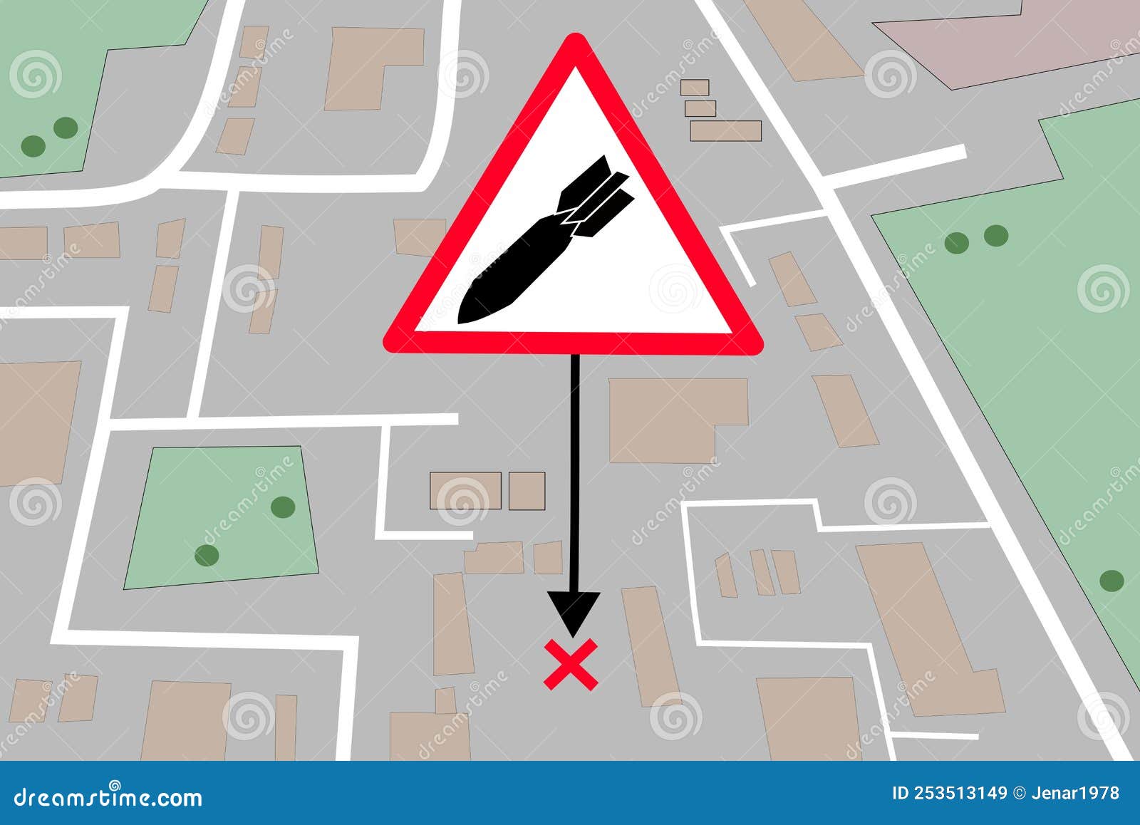 Map with Warning Sign Dud Unexploded Bomb or Explosive Danger Stock ...