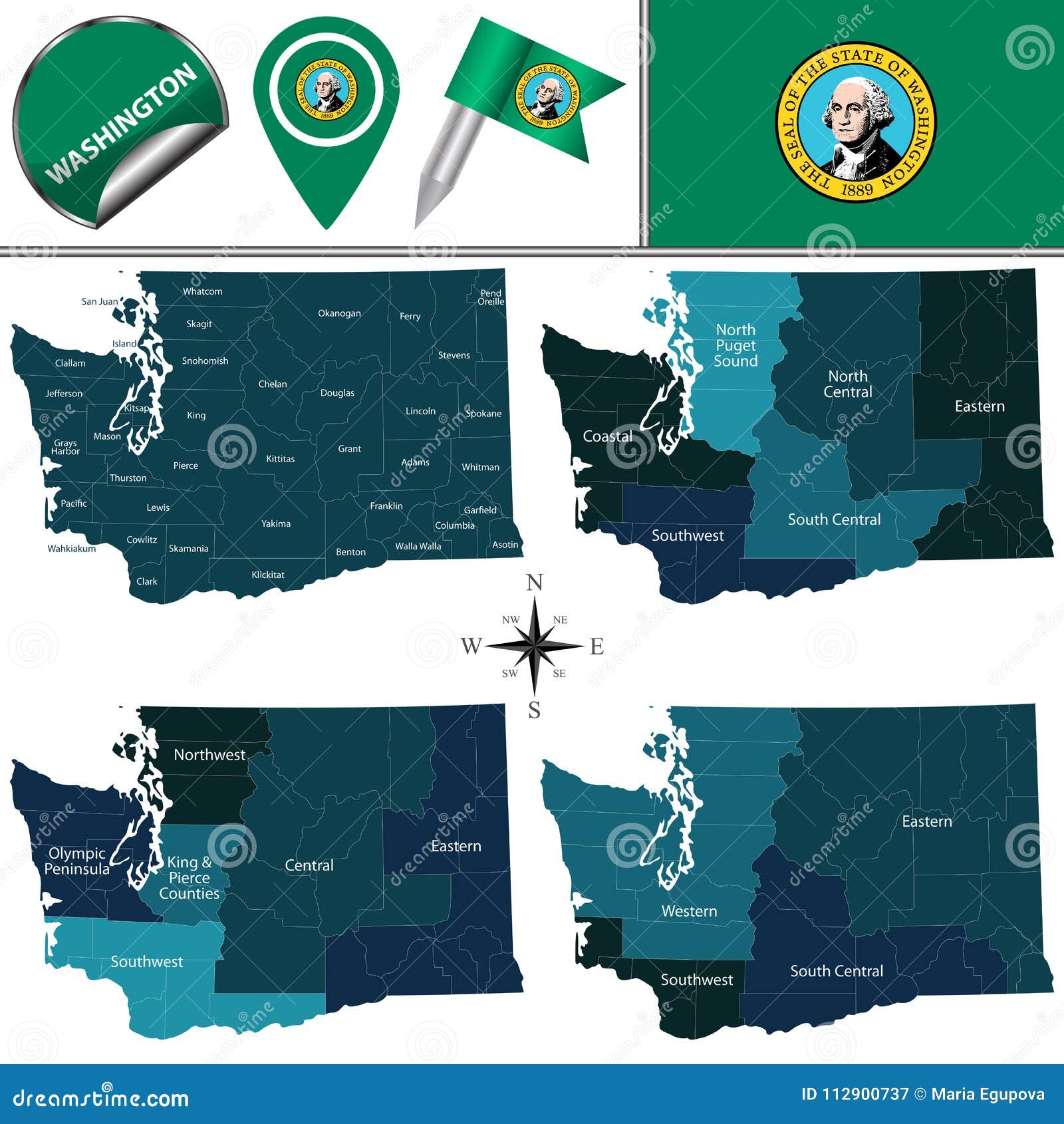 Map of Washington with Regions Stock Vector - Illustration of districts ...