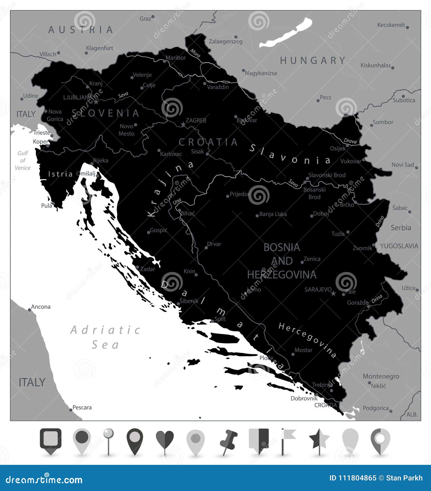 Map of the Western Balkans Black Map and Flat Map Pointers Stock Vector ...