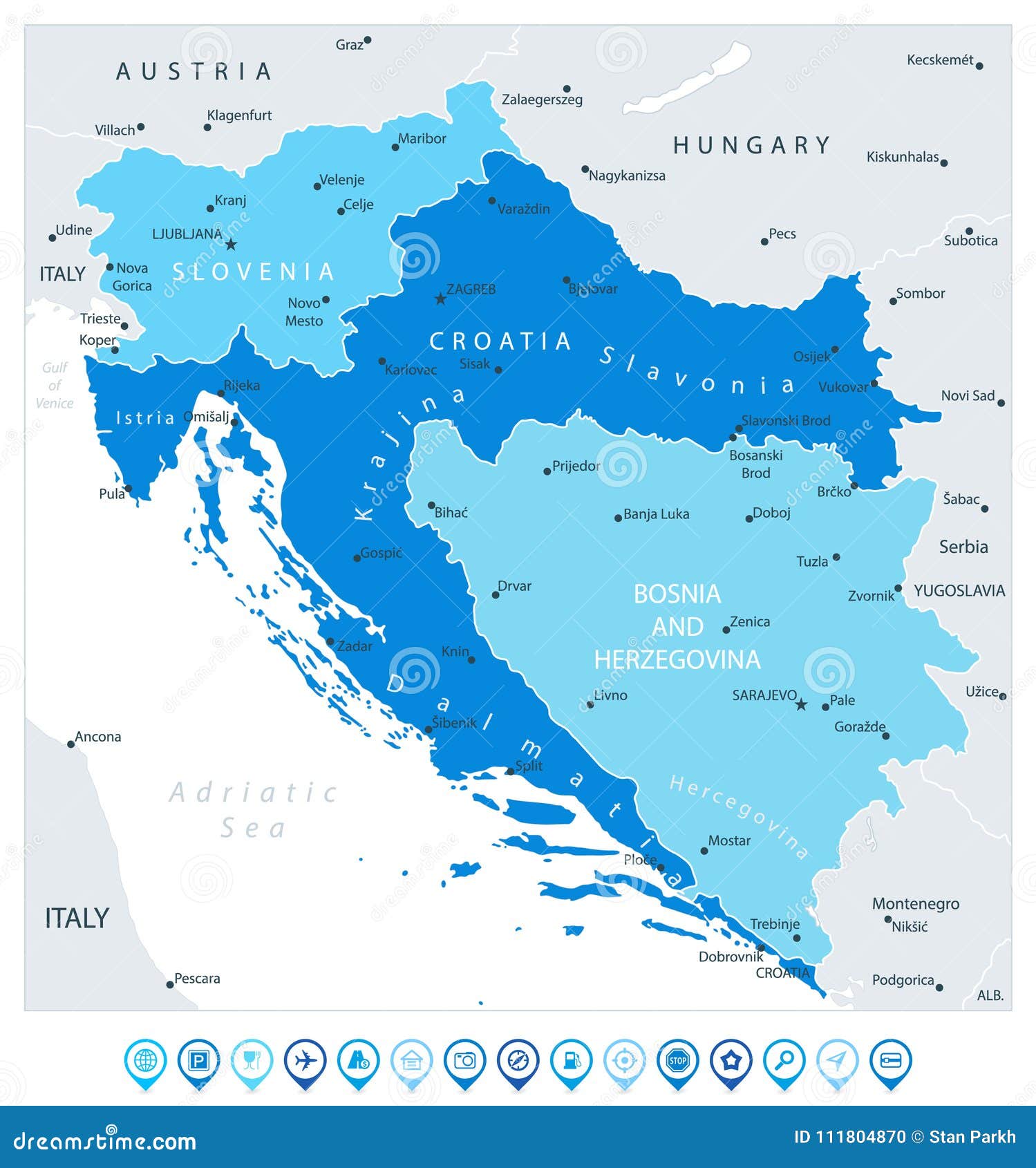 Map of the Western Balkans in Colors of Blue and Map Pointers Stock ...
