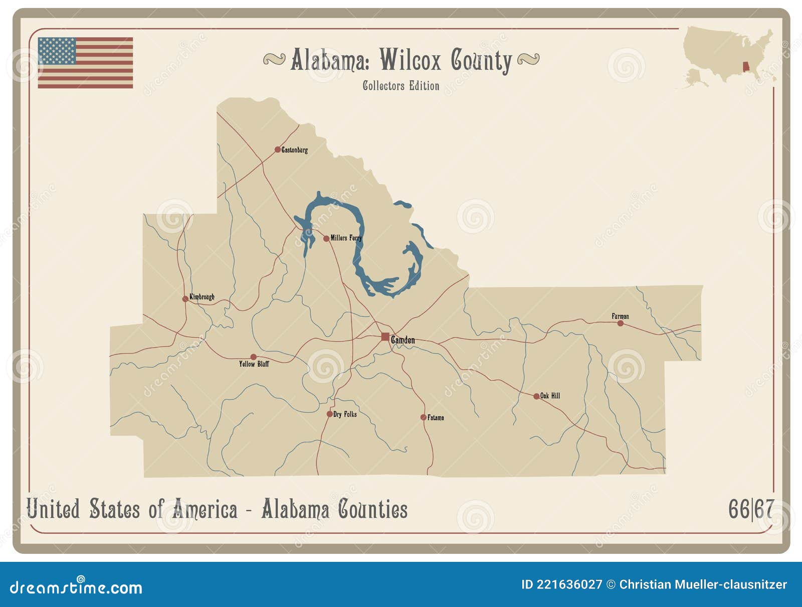 Map of Wilcox County in Alabama Stock Vector - Illustration of lakes ...
