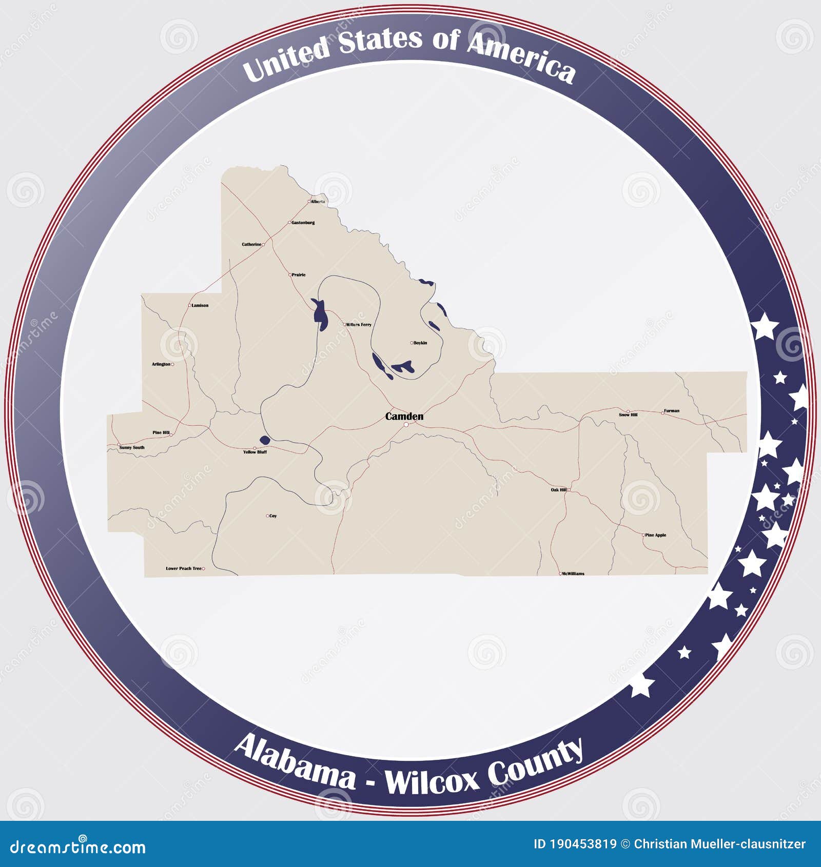 Map of Wilcox County in Alabama Stock Vector - Illustration of round ...