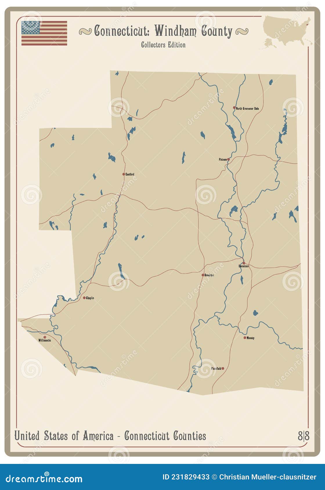 Map of Windham County in Connecticut Stock Vector - Illustration of ...