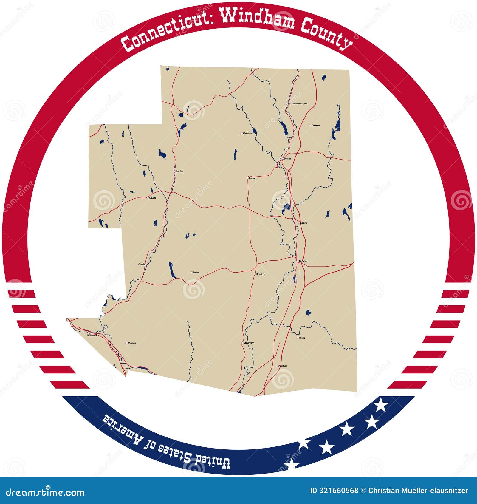 Map of Windham County in Connecticut, USA Stock Vector - Illustration ...