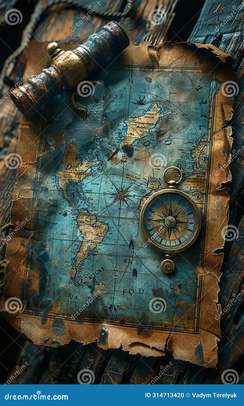 A Map of the World with a Compass and a Book on Top of it. the Map is ...