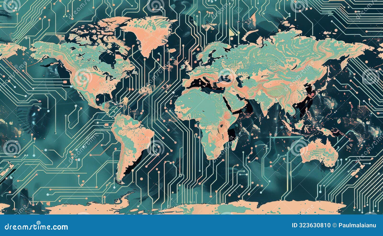 Map of the World with Digital Elements, Such As Circuit Board Lines ...