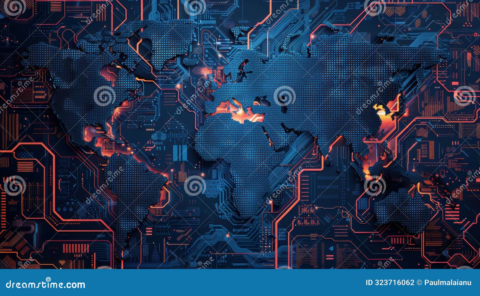 Map of the World with Digital Elements, Such As Circuit Board Lines ...