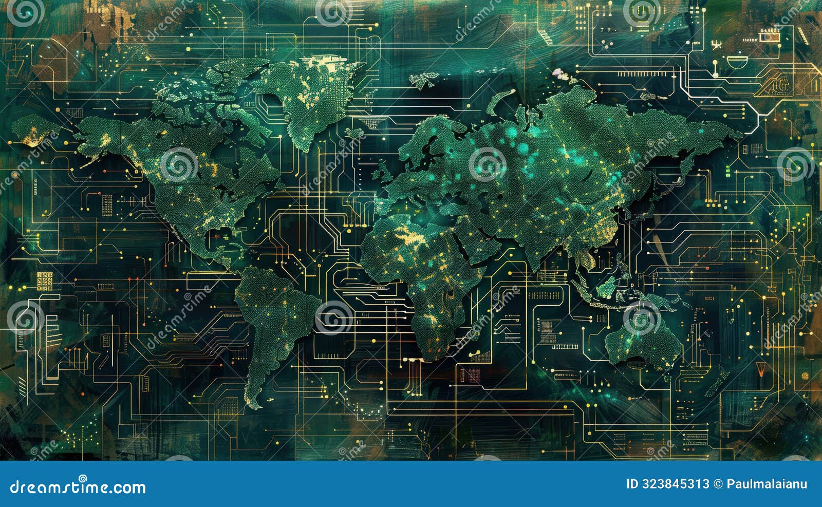 Map of the World with Digital Elements, Such As Circuit Board Lines ...