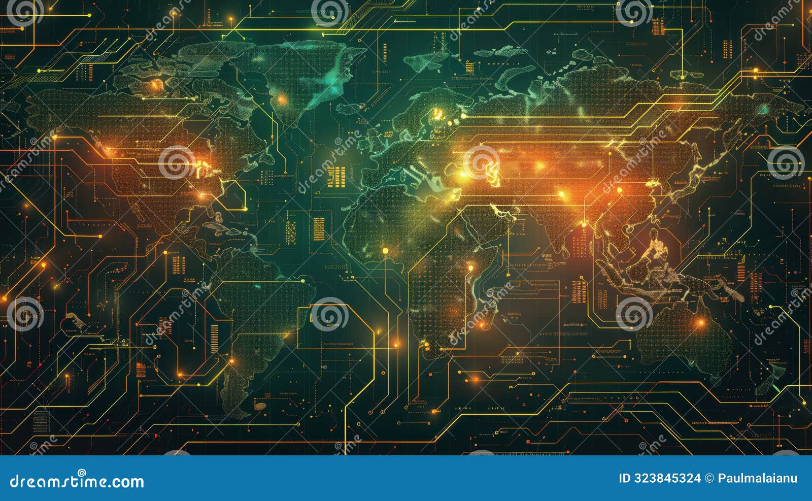 Map of the World with Digital Elements, Such As Circuit Board Lines ...