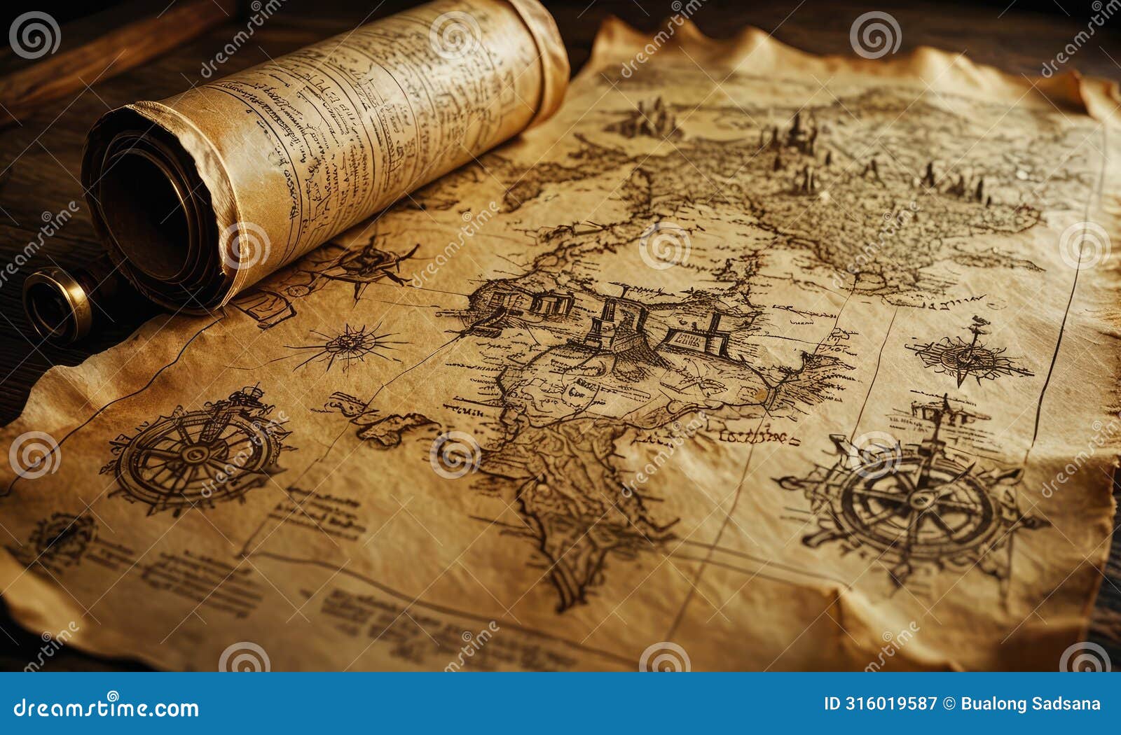 A Map of the World is Laid Out on a Table, with a Scroll on Top of it ...