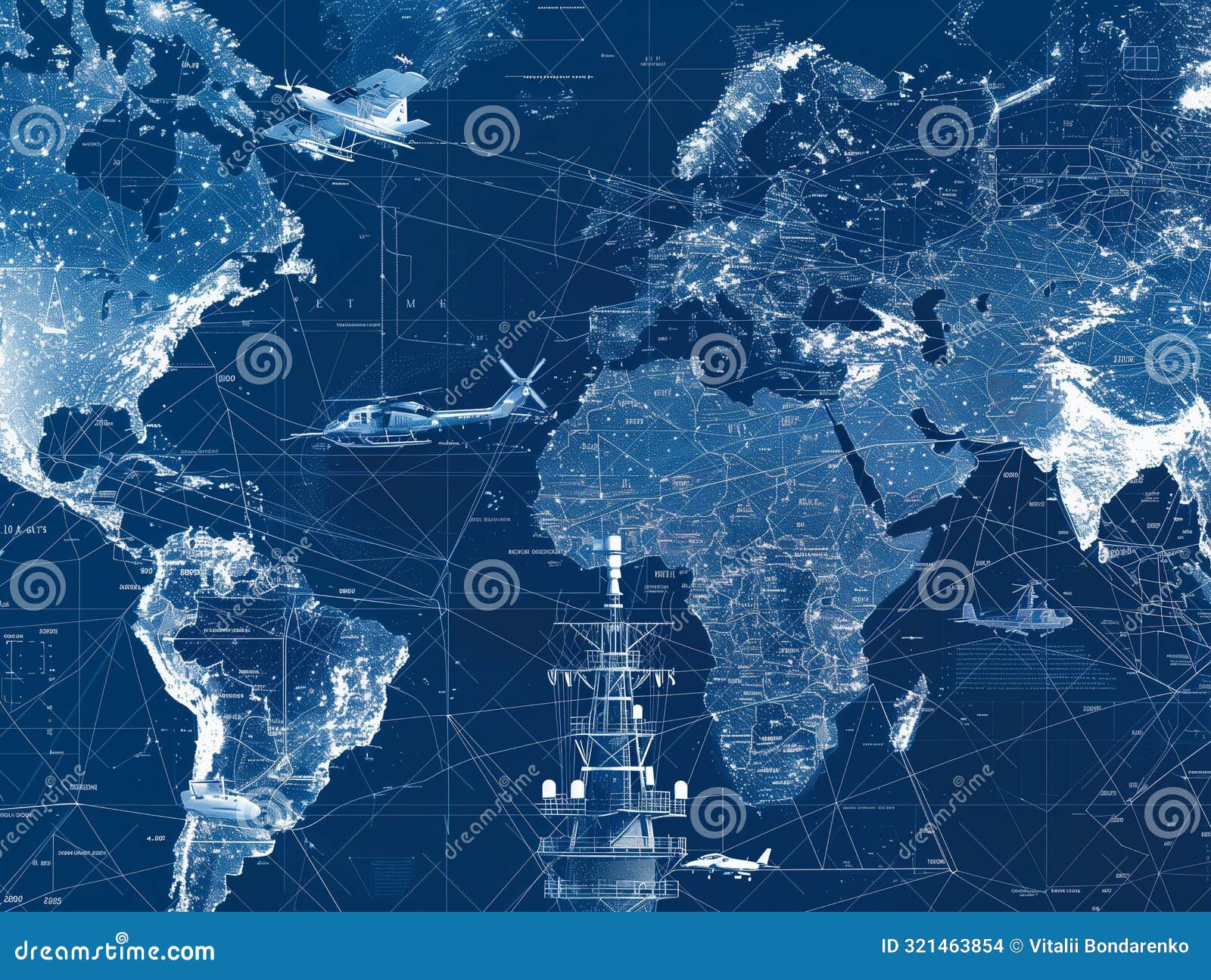 Map of the World with a Lighthouse and Ships on a Blue Background ...