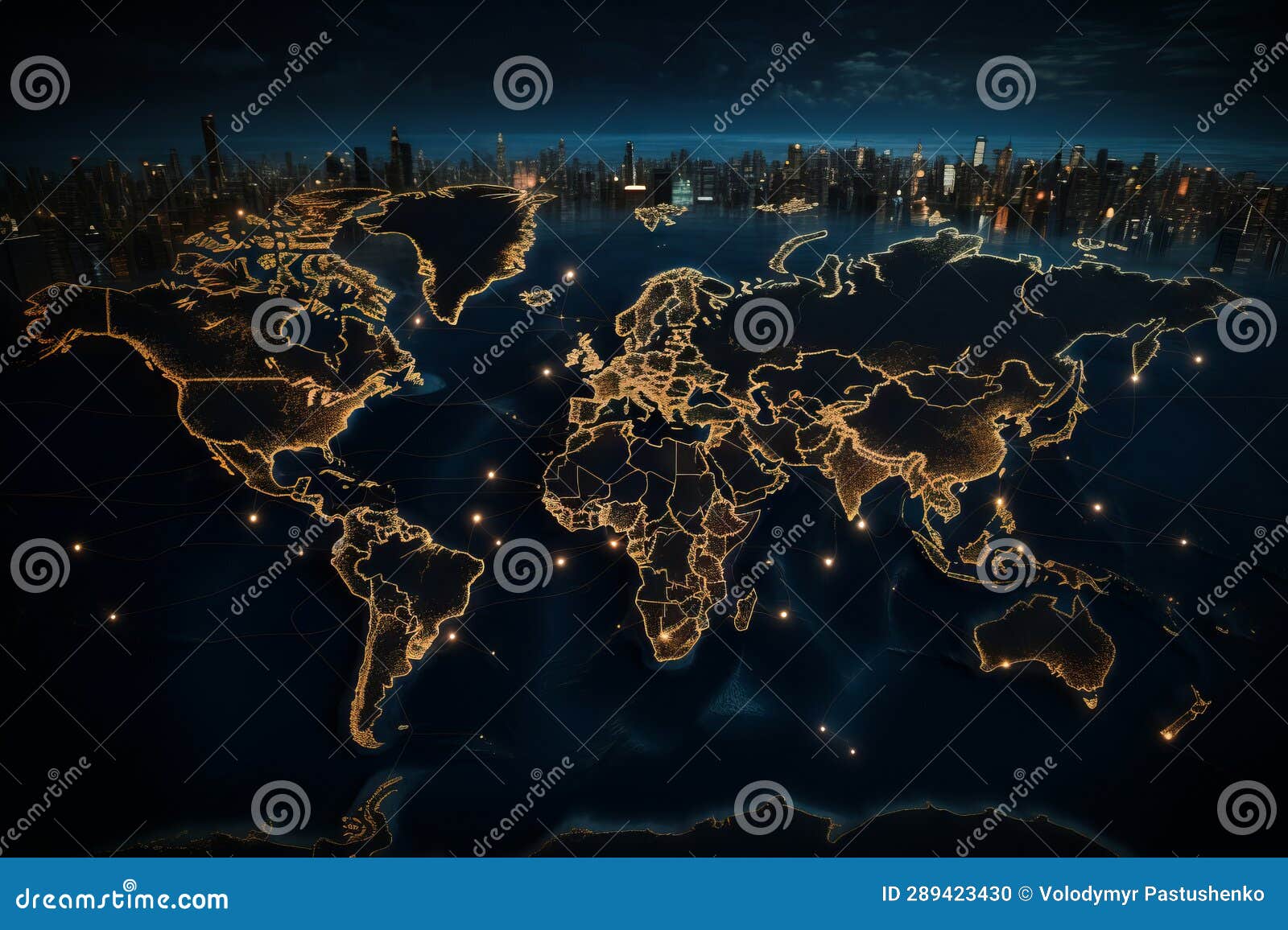 Map of the World with Lights on it and City in the Background ...