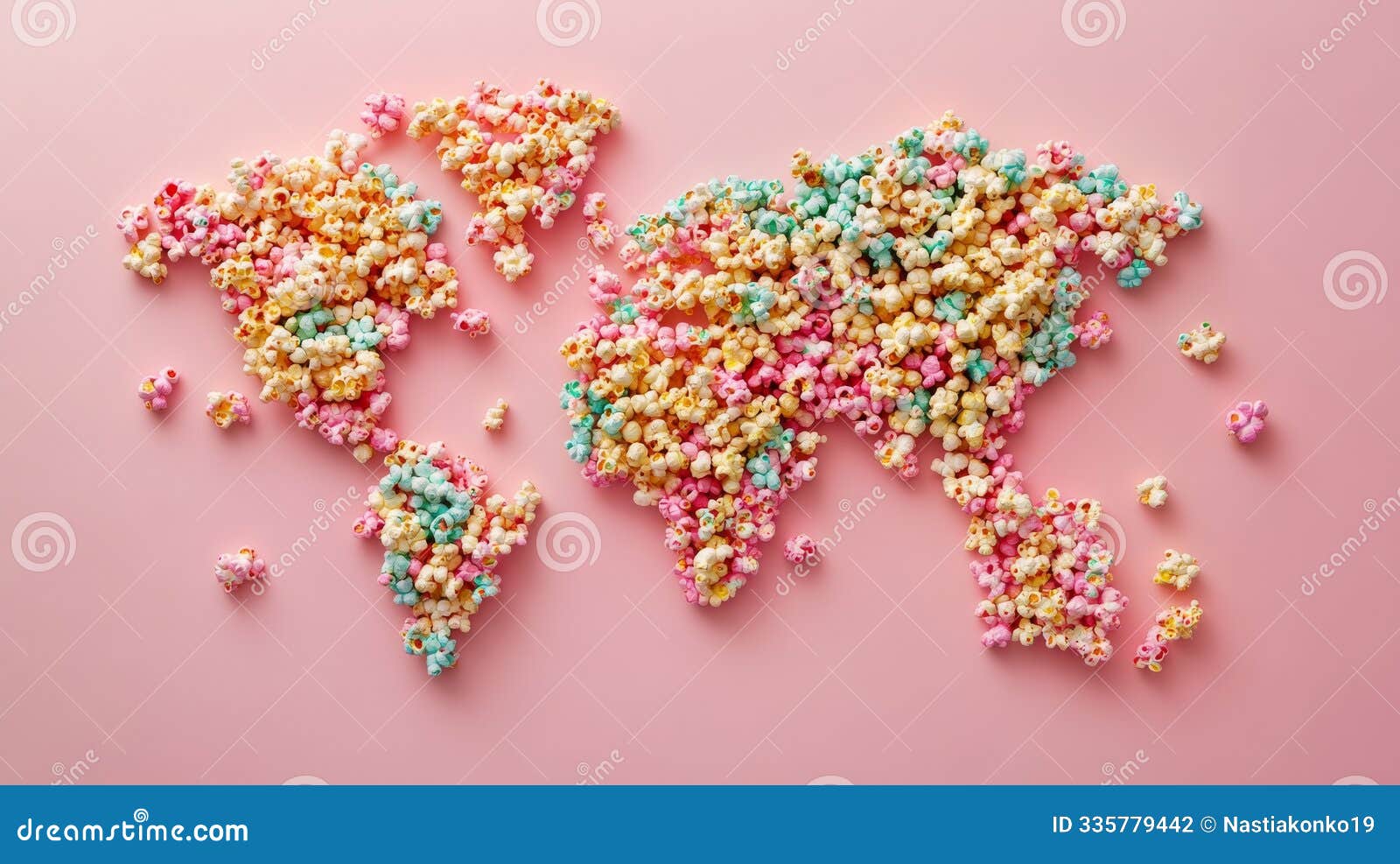 Map of the World Made from Colorful Popcorn on a Pink Background Stock ...