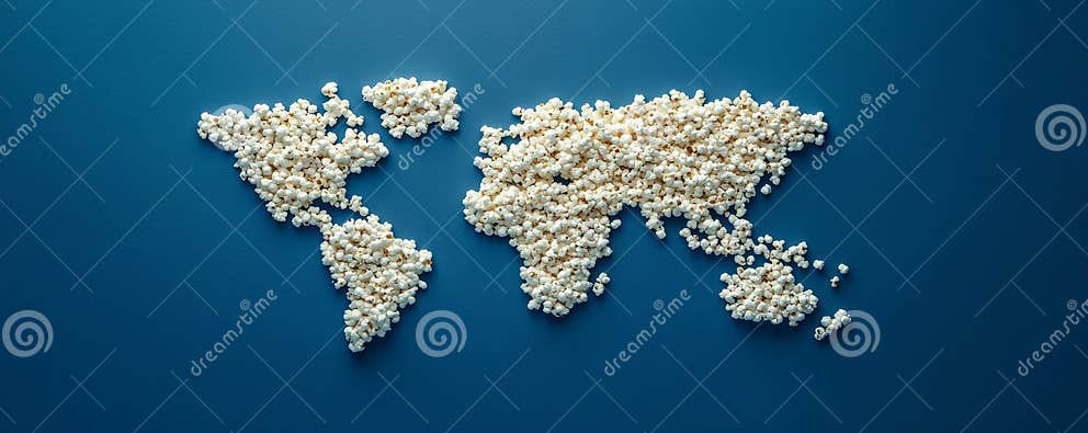 Map of the World Made of Popcorn on Blue Background Stock Image - Image ...