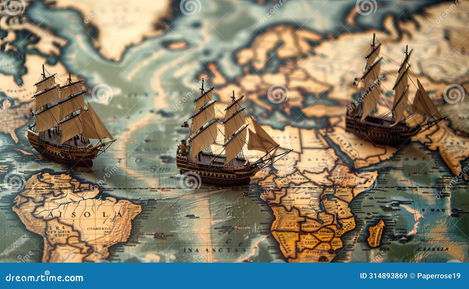 On a Map of the World Stand Figures of Three Sailing Ships. Stock ...