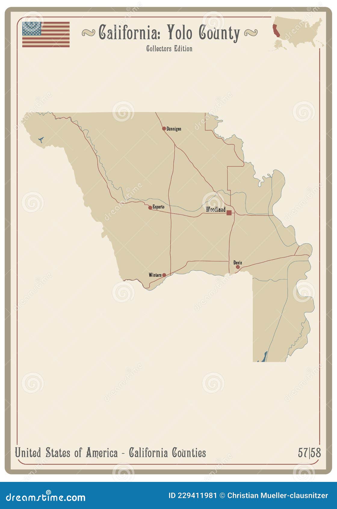 Map of Yolo County in California Stock Vector - Illustration of county ...
