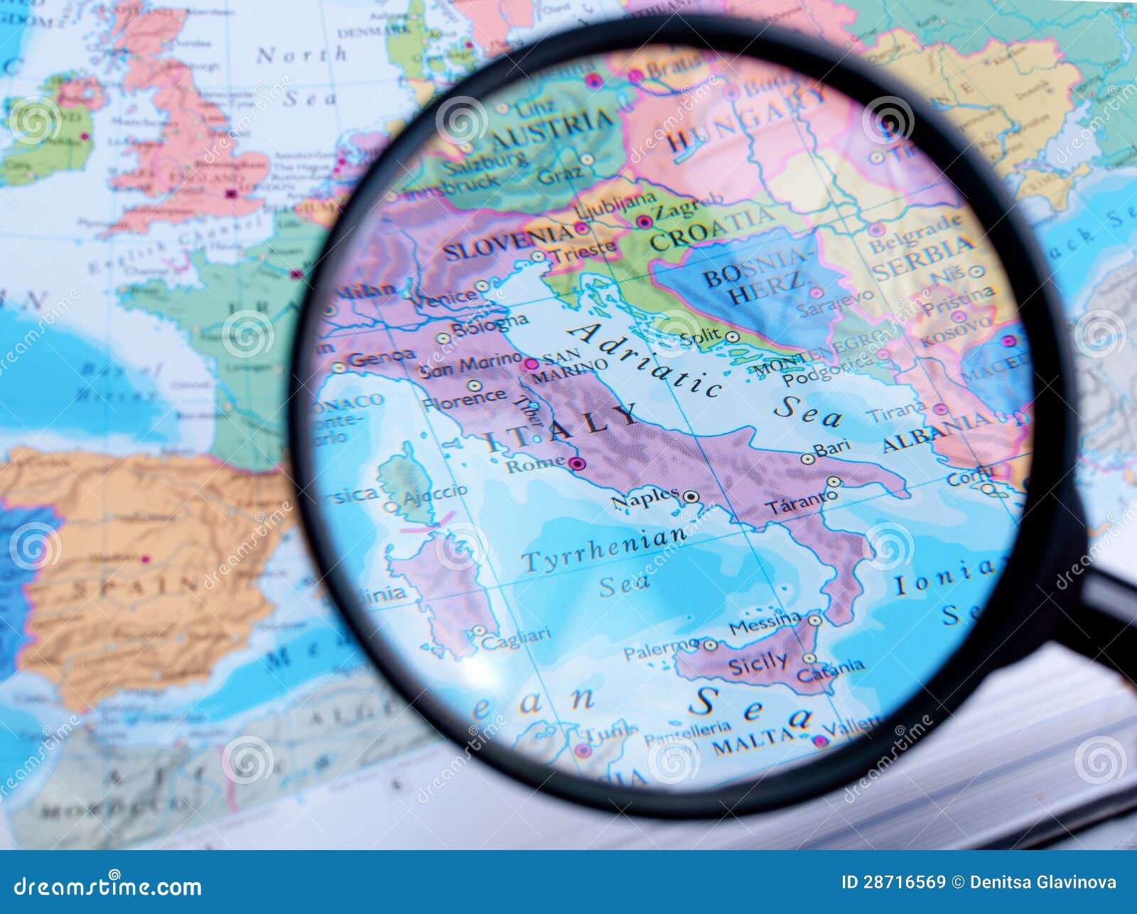 Map and Zoom Lens, Italy stock image. Image of closeup - 28716569