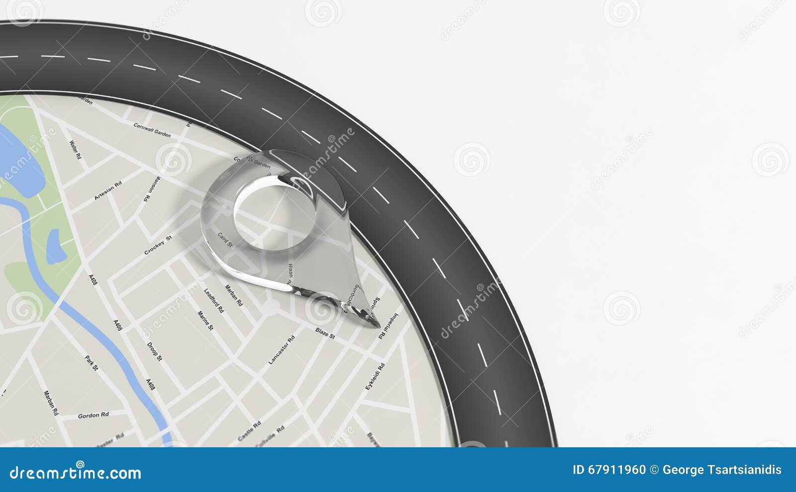 Map with Zoom on Road with Turn and Big Glass Pointer Stock ...