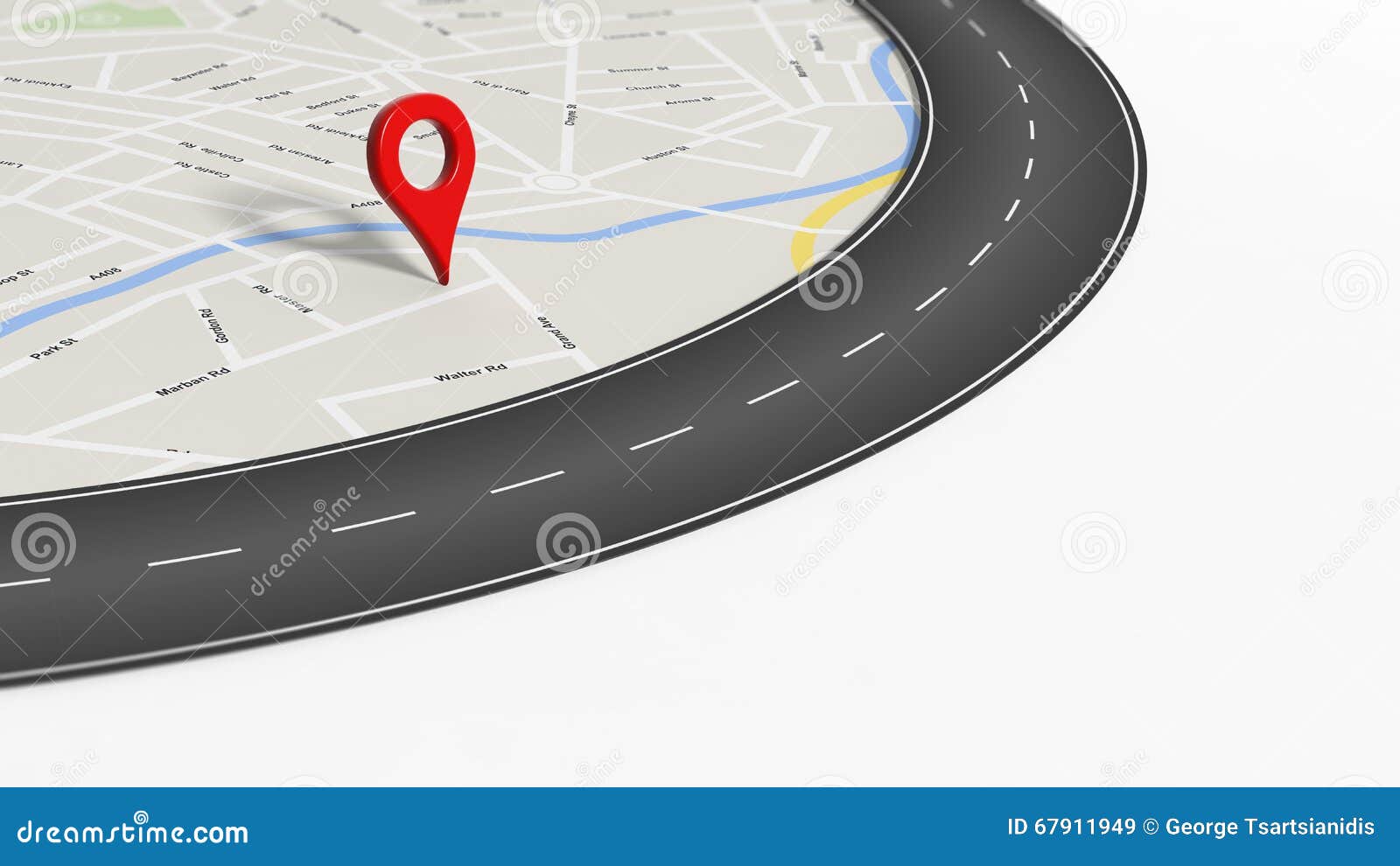 Map with Zoom on Road with Turn and Big Red Pointer Stock Illustration ...