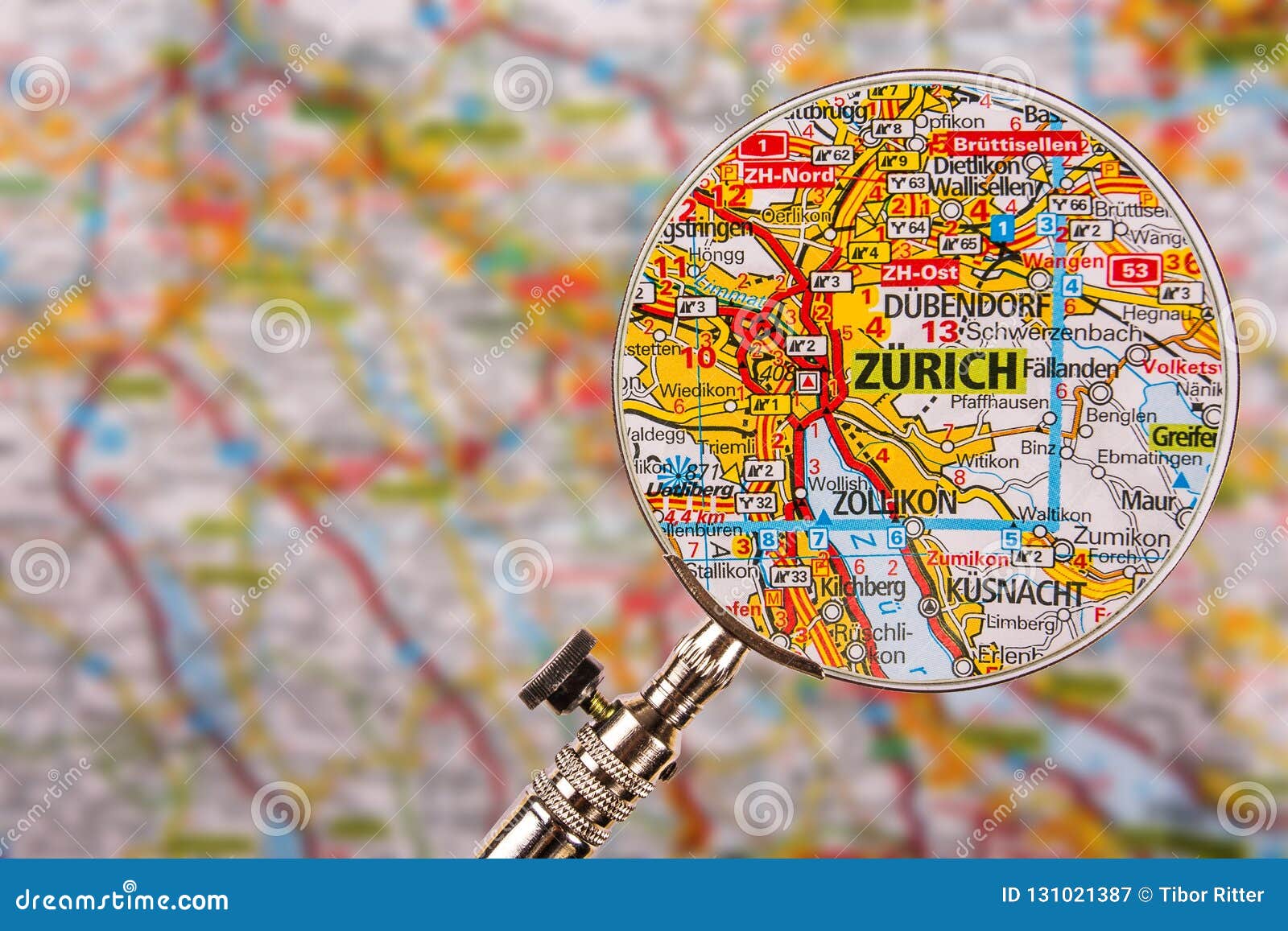 Map of Zurich with Magnifying Glass on Table Stock Image - Image of ...