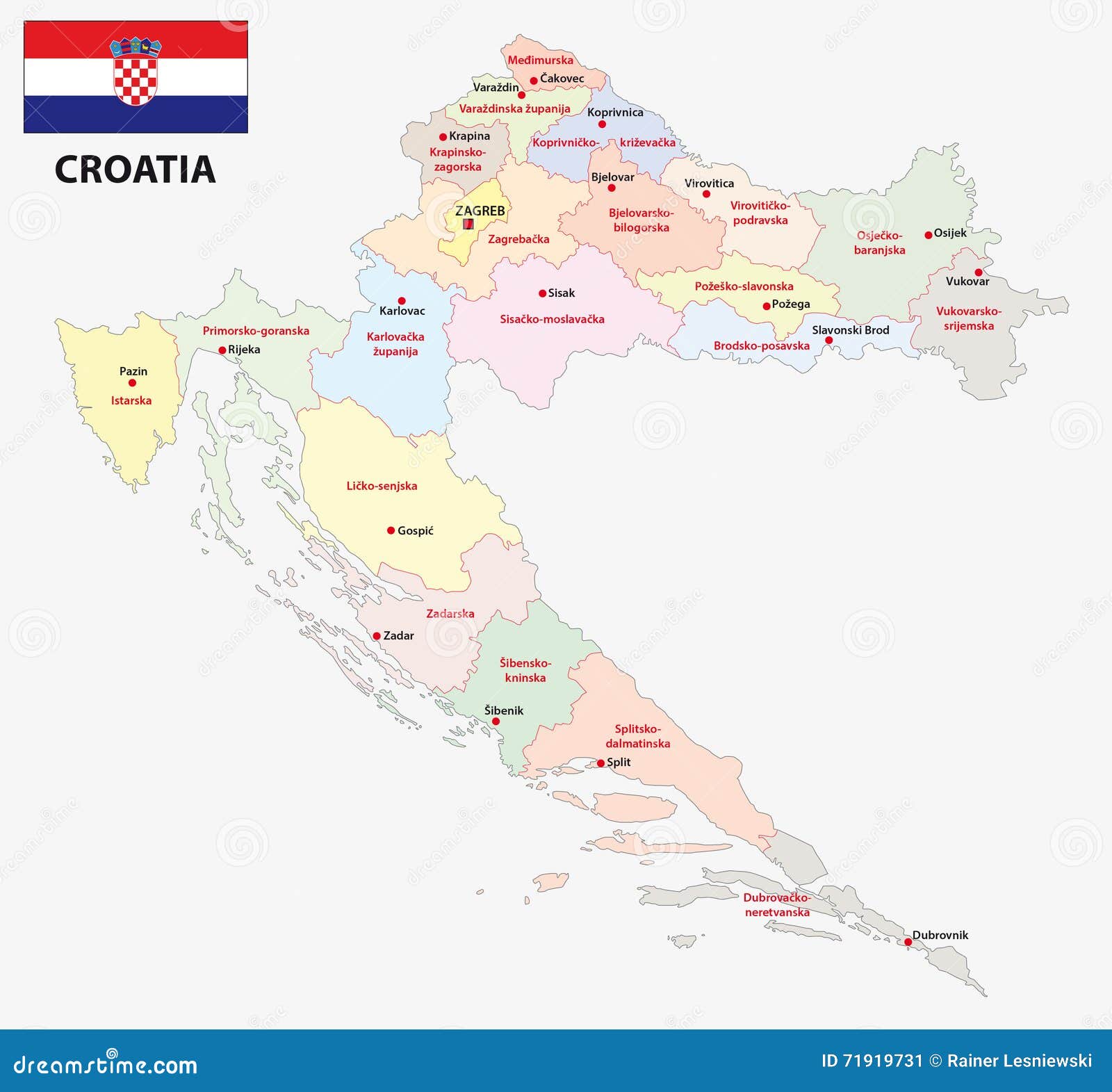 Mapa Administrativo Da Croácia Com Bandeira Ilustração Stock ...