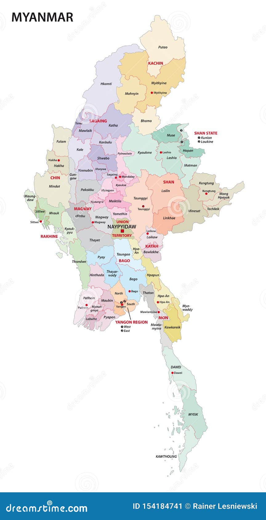 Mapa Administrativo De Myanmar Con Regiones Y Distritos Ilustración del ...
