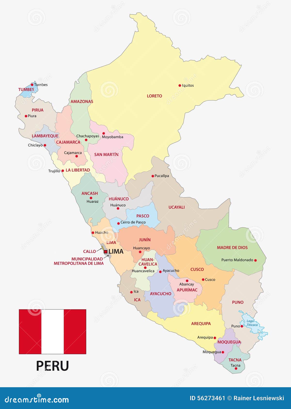 Mapa Administrativo De Perú Con La Bandera Ilustración del Vector ...