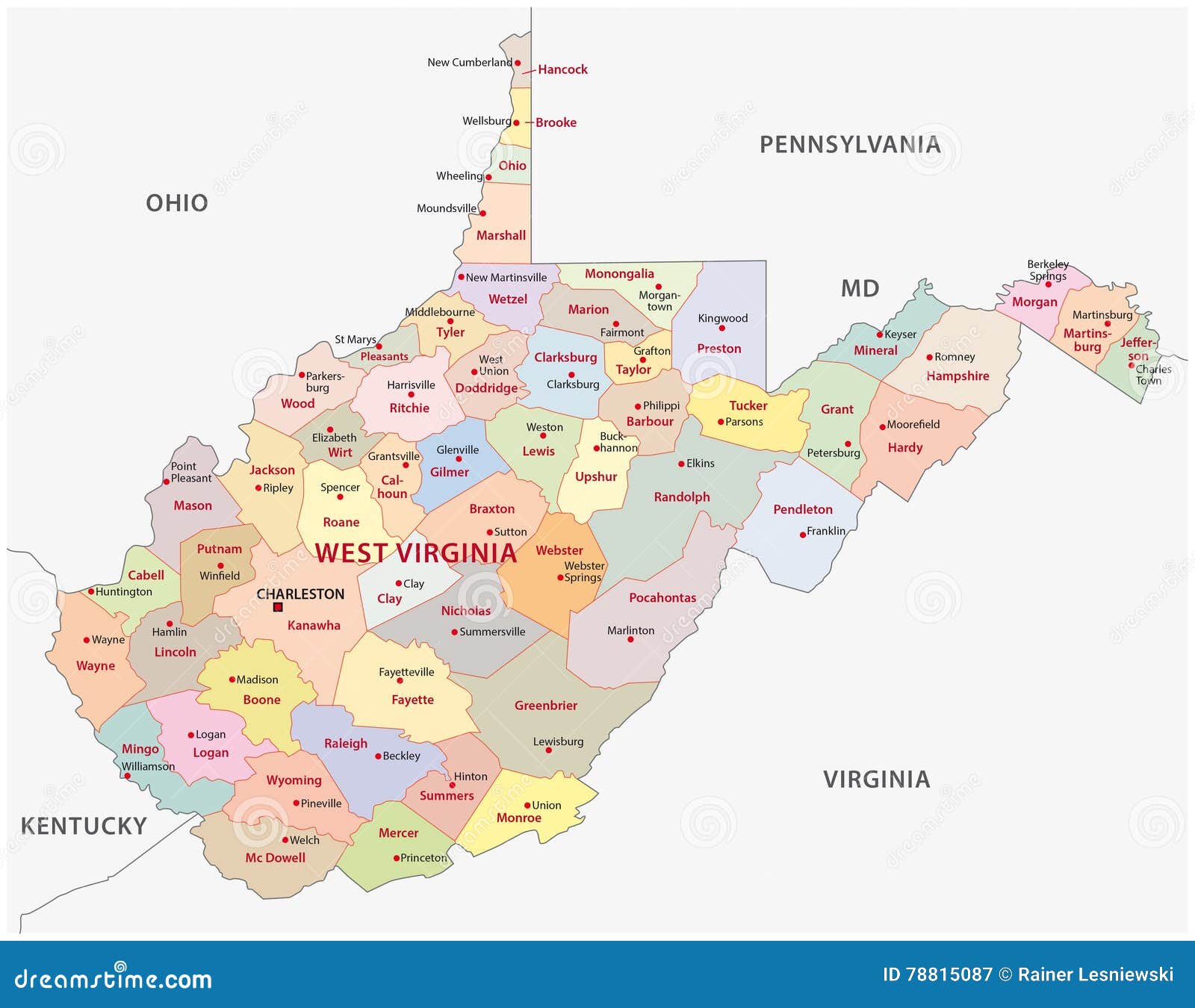 Mapa Administrativo De Virginia Occidental Ilustración del Vector ...
