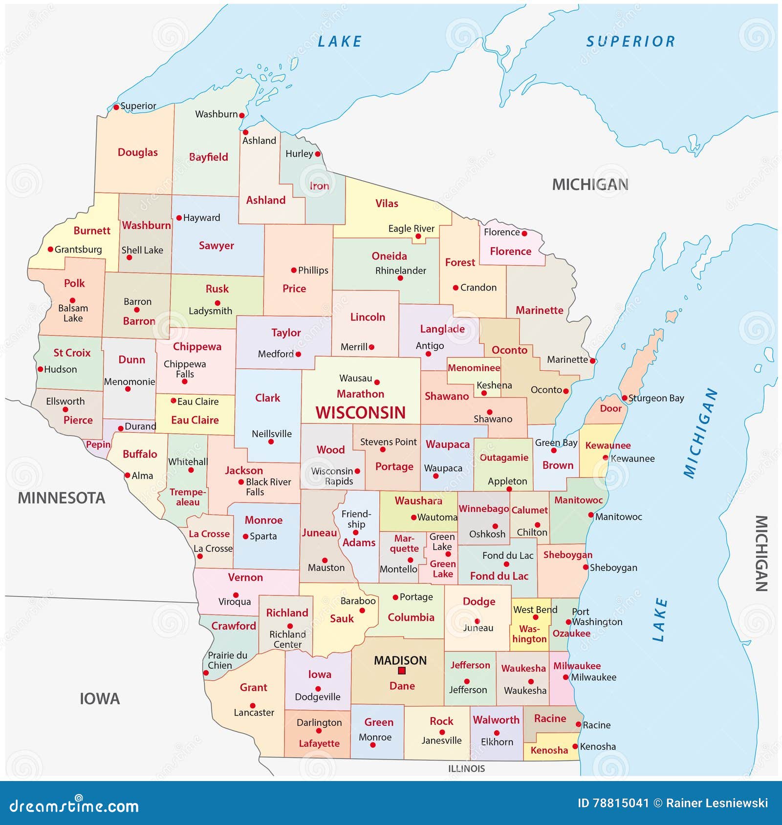 Mapa Administrativo De Wisconsin Ilustración del Vector - Ilustración ...