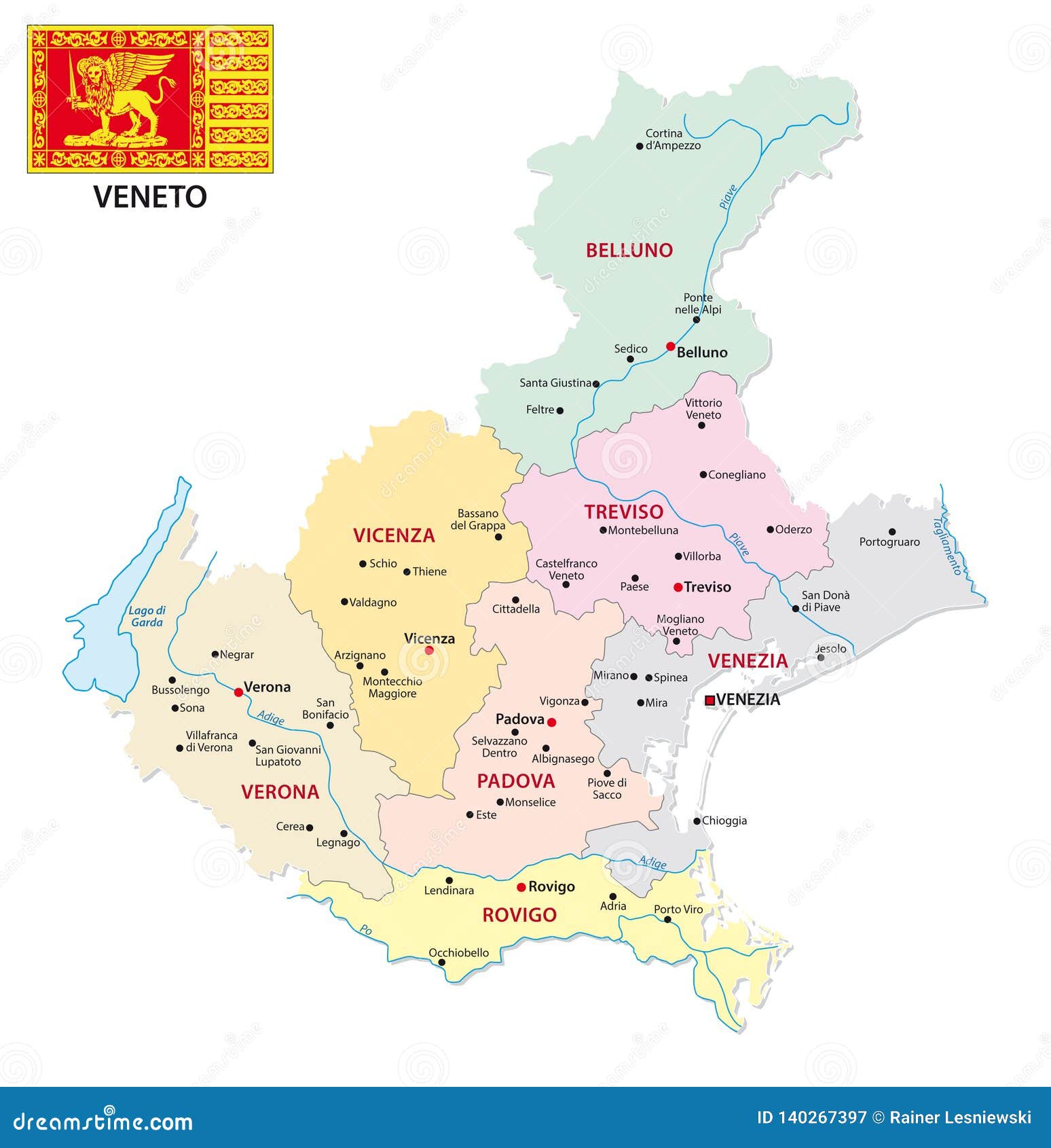 Mapa Administrativo E Político De Vêneto Com Bandeira Ilustração do ...