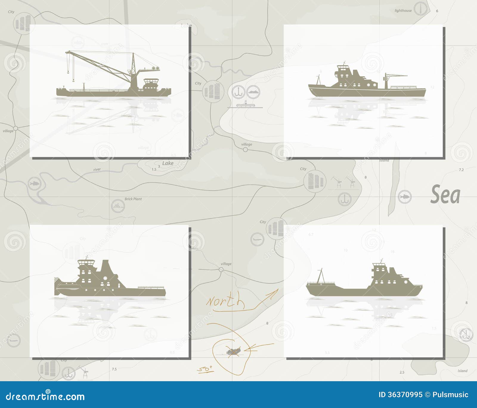 Mapa com navios ilustração do vetor. Ilustração de terra - 36370995