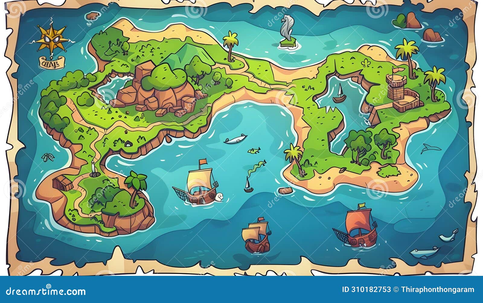 Mapa con el mar y la isla stock de ilustración. Ilustración de verde ...
