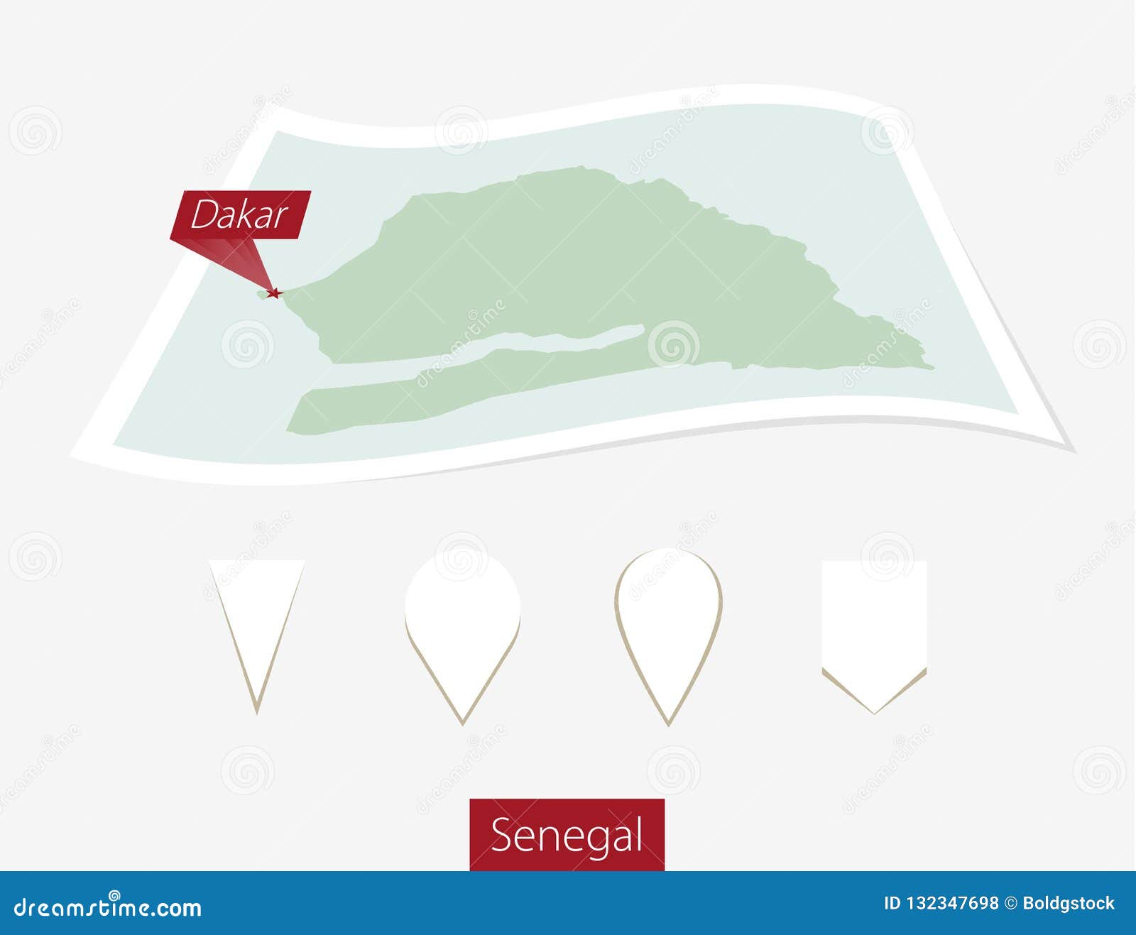 Mapa Curvado Do Papel De Senegal Com Capital Dacar Em Gray Backgroun ...