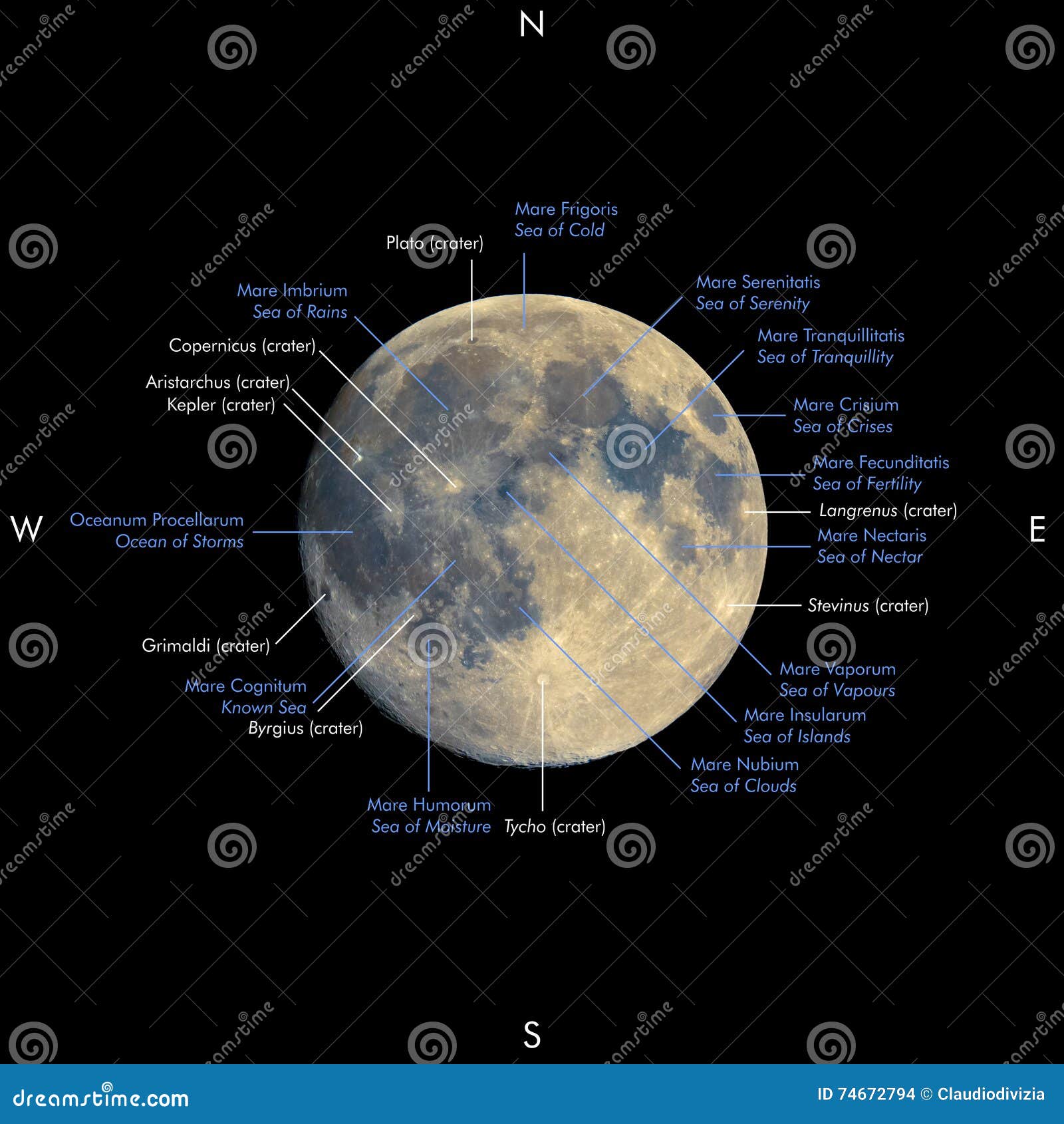 Mapa Da Lua Cheia, Cores Aumentadas, Nomes No Latim E Inglês Ilustração ...