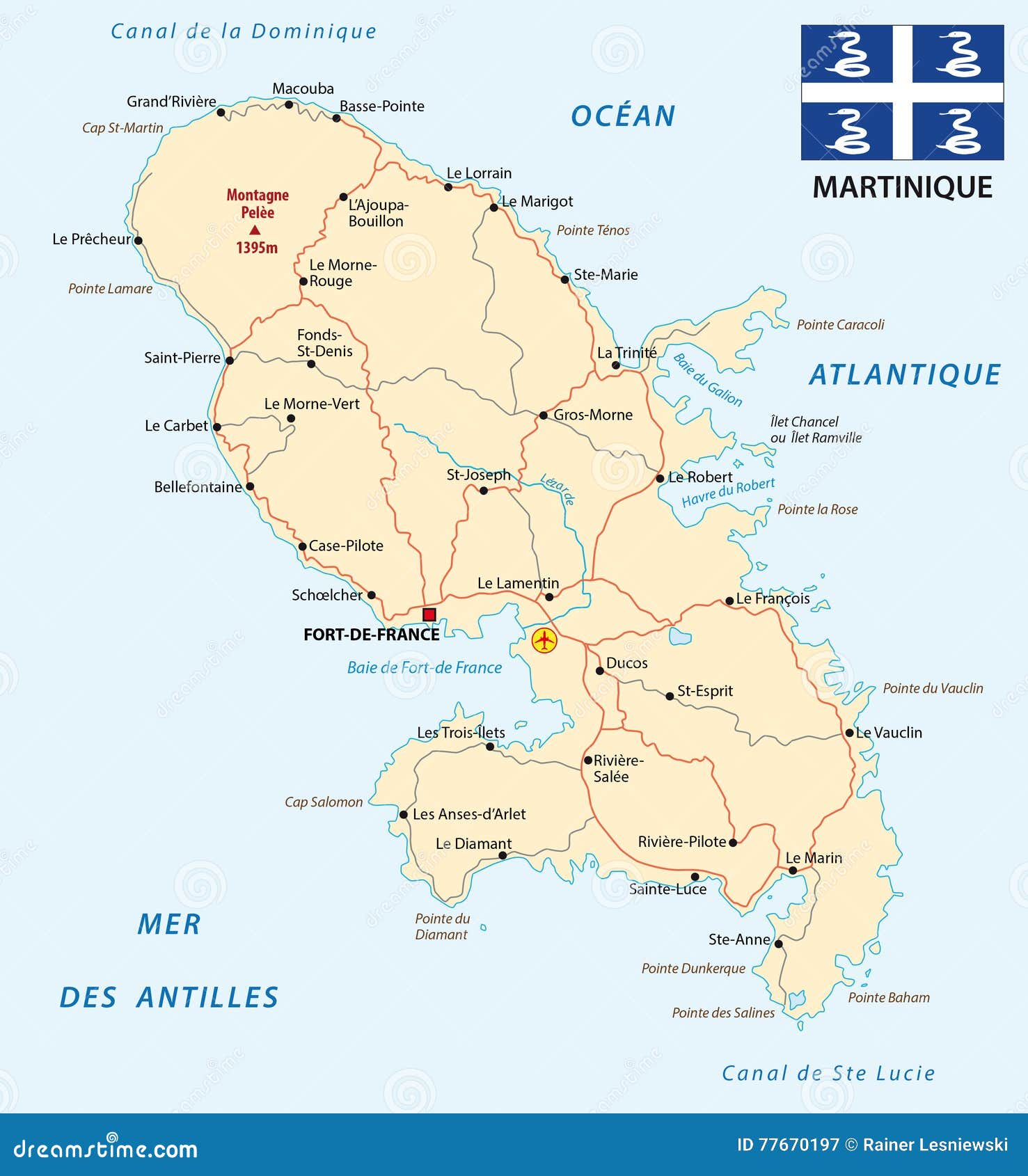 Mapa De Camino De Martinica Con La Bandera Stock de ilustración ...