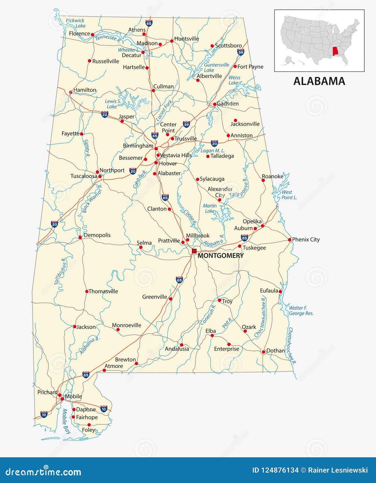 Mapa De Estradas Do Estado Dos E.U. De Alabama Americano Ilustração ...