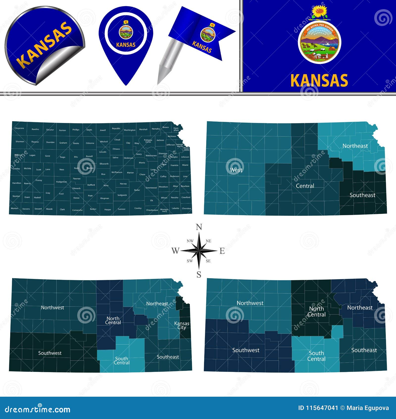 Mapa De Kansas Con Regiones Ilustración del Vector - Ilustración de ...
