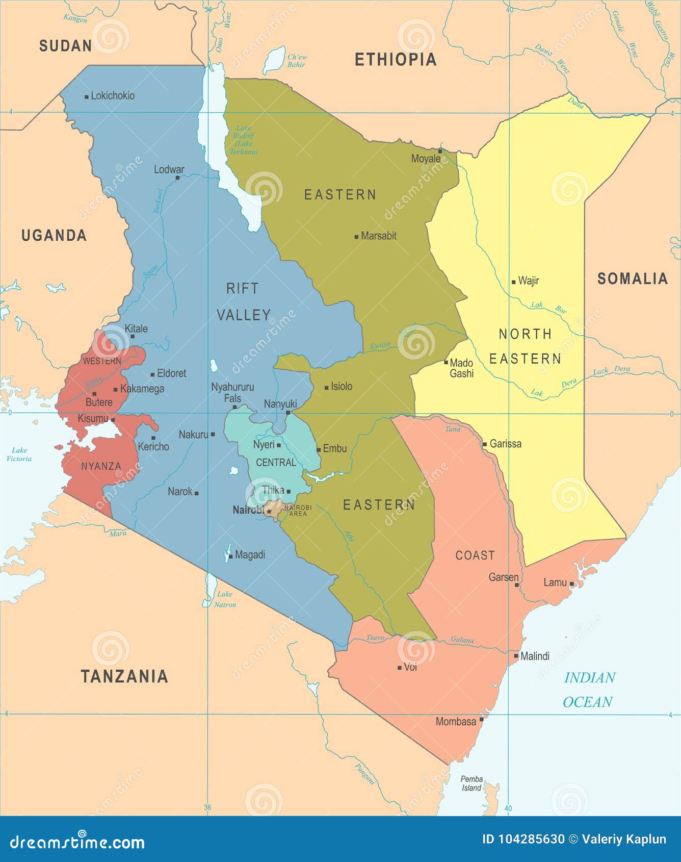 Mapa De Kenia - Ejemplo Detallado Del Vector Stock de ilustración ...