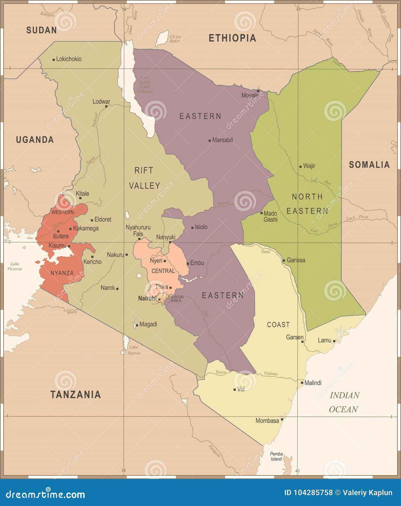 Mapa De Kenia - Ejemplo Detallado Del Vector Del Vintage Stock de ...