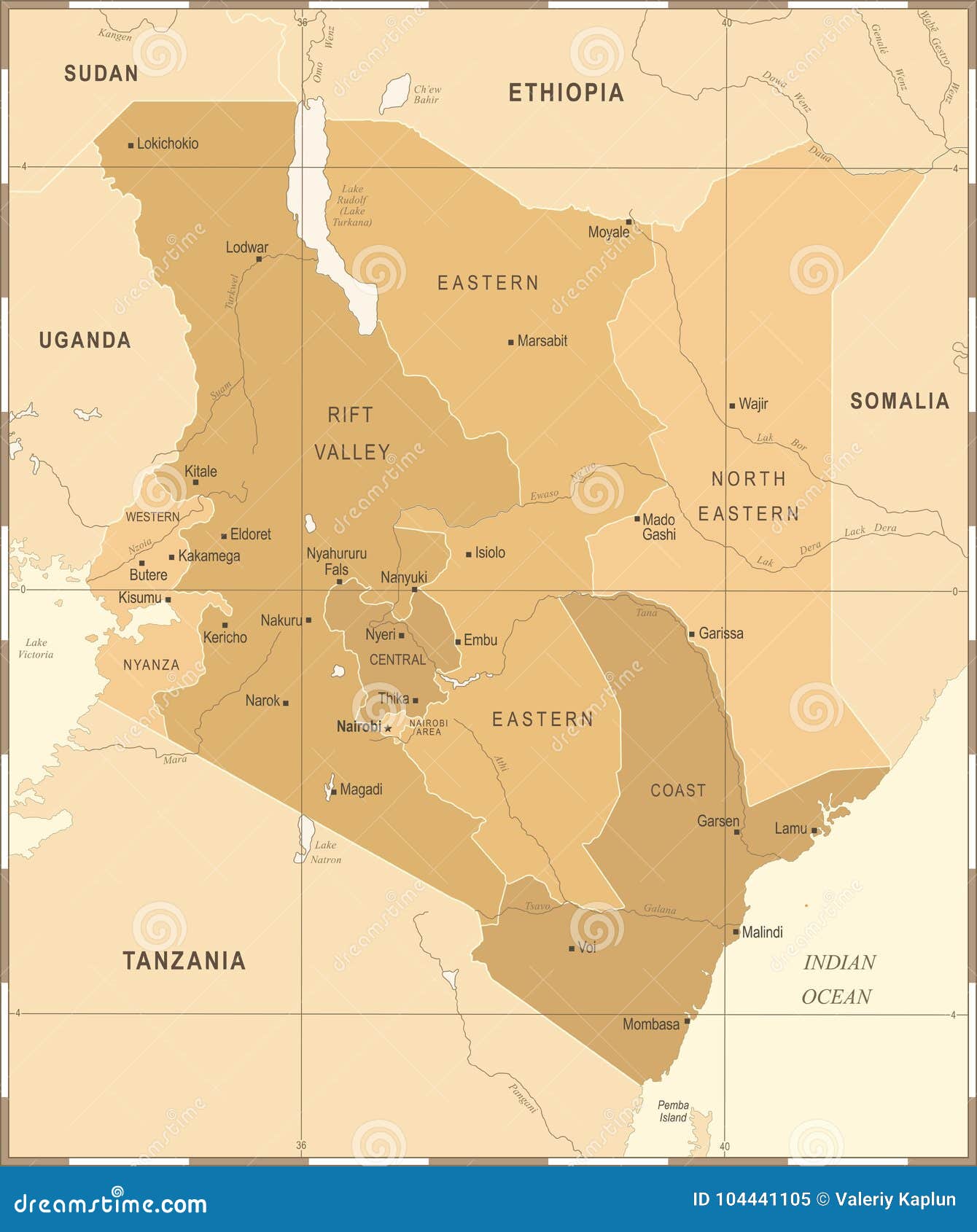 Mapa De Kenia - Ejemplo Detallado Del Vector Del Vintage Stock de ...