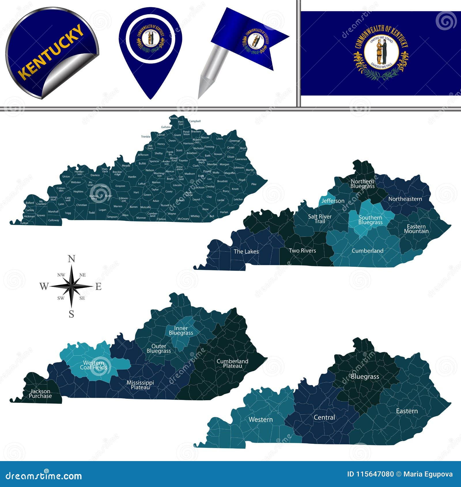 Mapa De Kentucky Com Regiões Ilustração do Vetor - Ilustração de ...