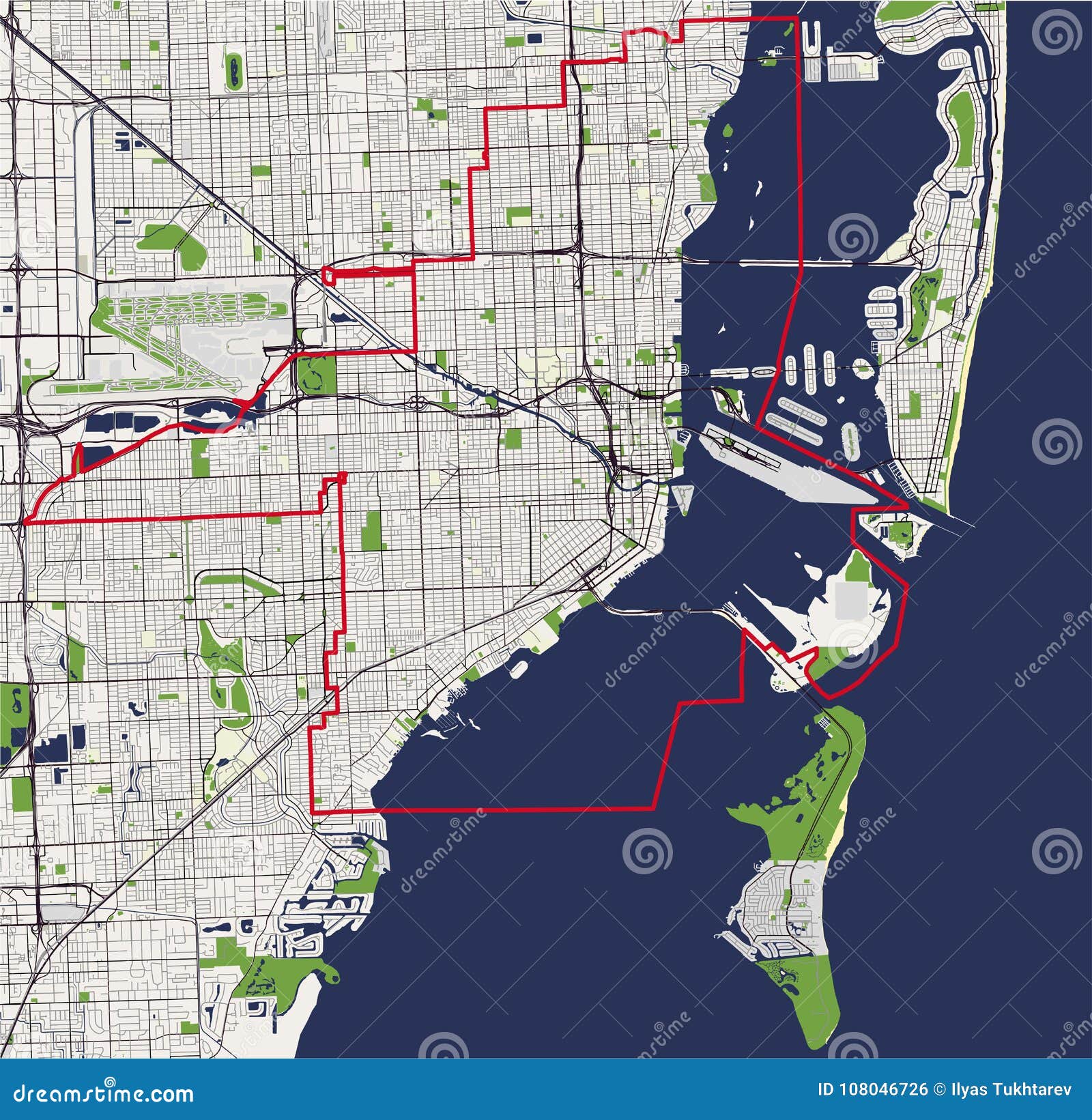 Mapa De La Ciudad De Miami, Los E.E.U.U. Ilustración del Vector ...