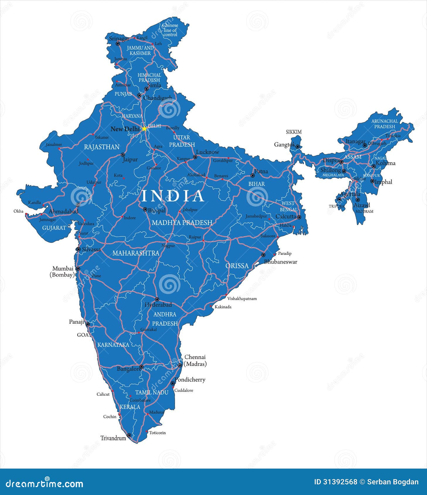 Mapa de la India ilustración del vector. Ilustración de vector - 31392568