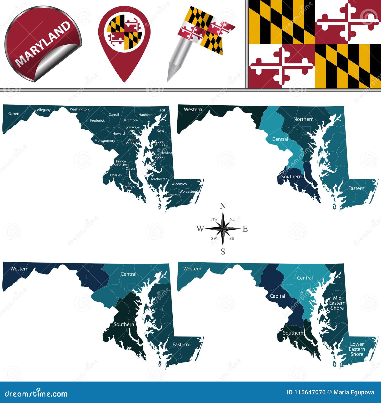 Mapa De Maryland Con Regiones Ilustración del Vector - Ilustración de ...
